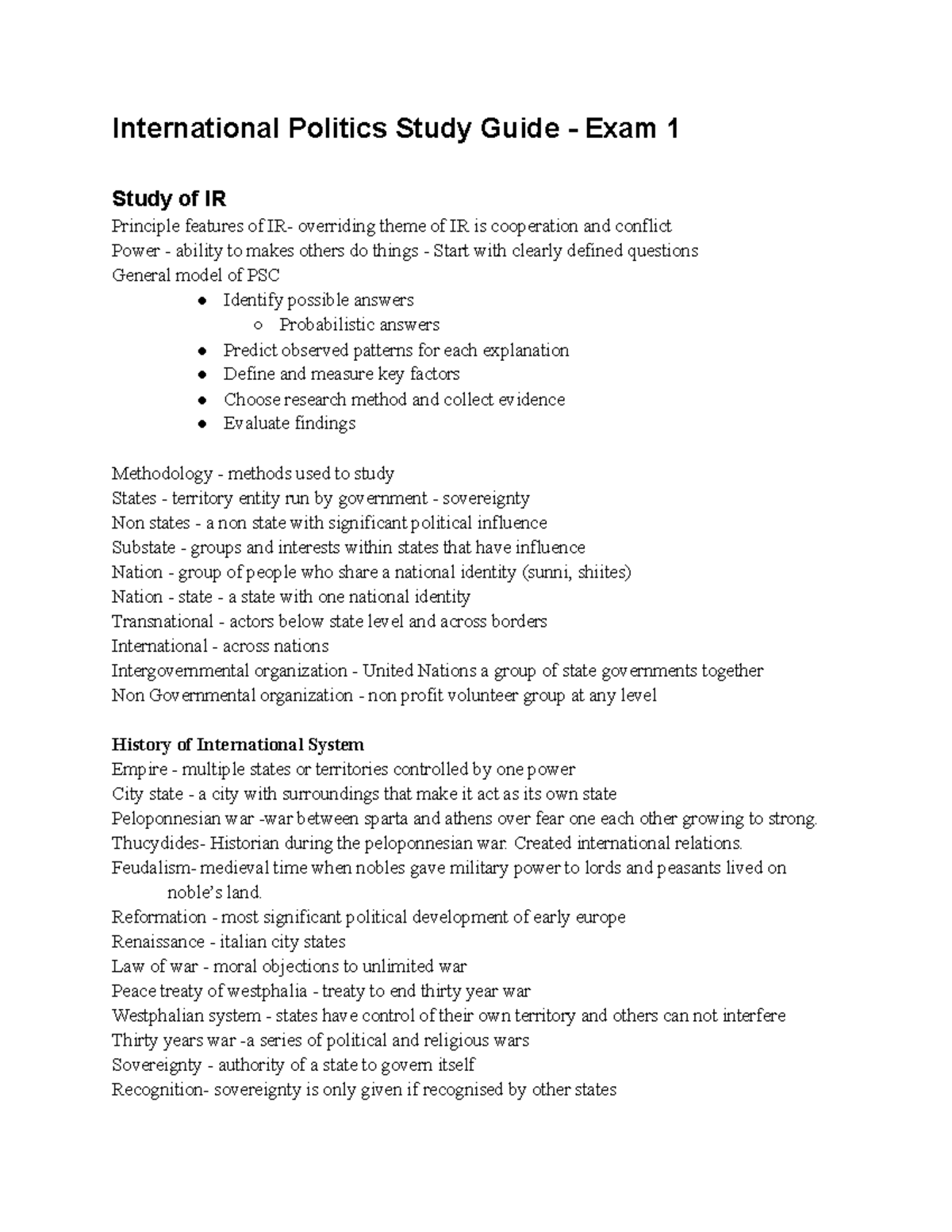 PSC exam 1 study guide - Lecture notes all - International Politics ...