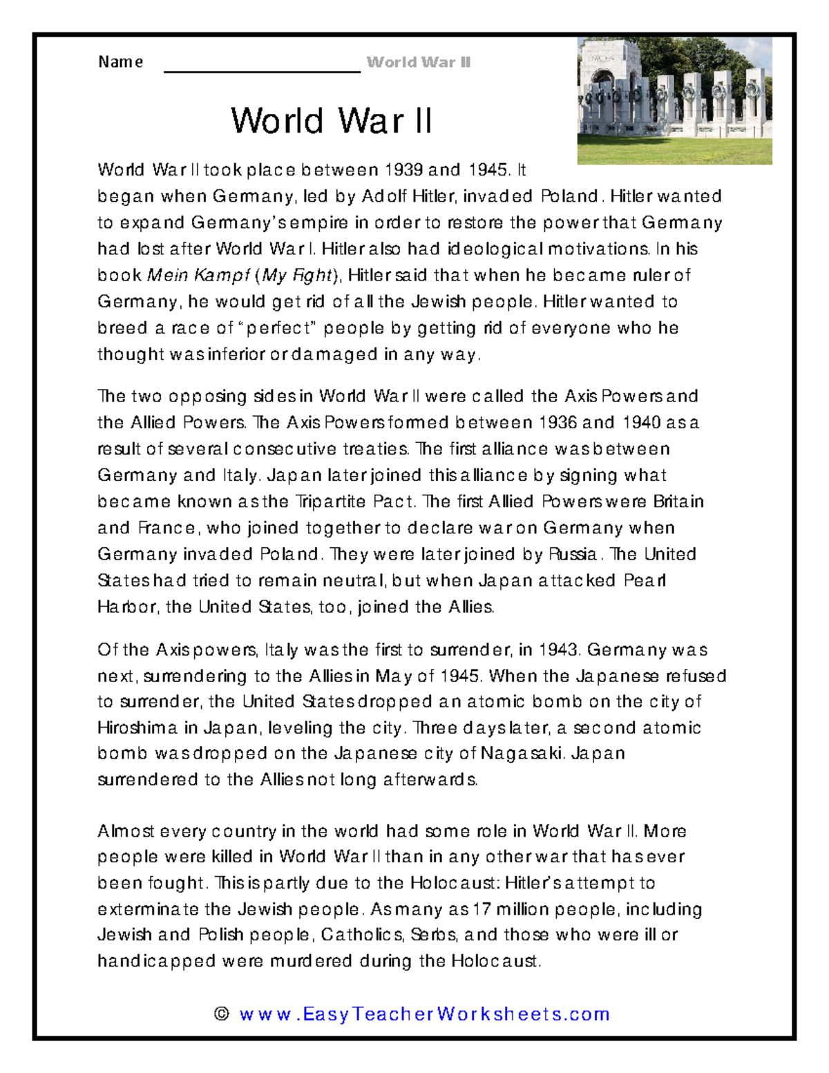 WW2 handout 1 - World War 1 - Name World War II © w w w .Ea s y Te a c ...