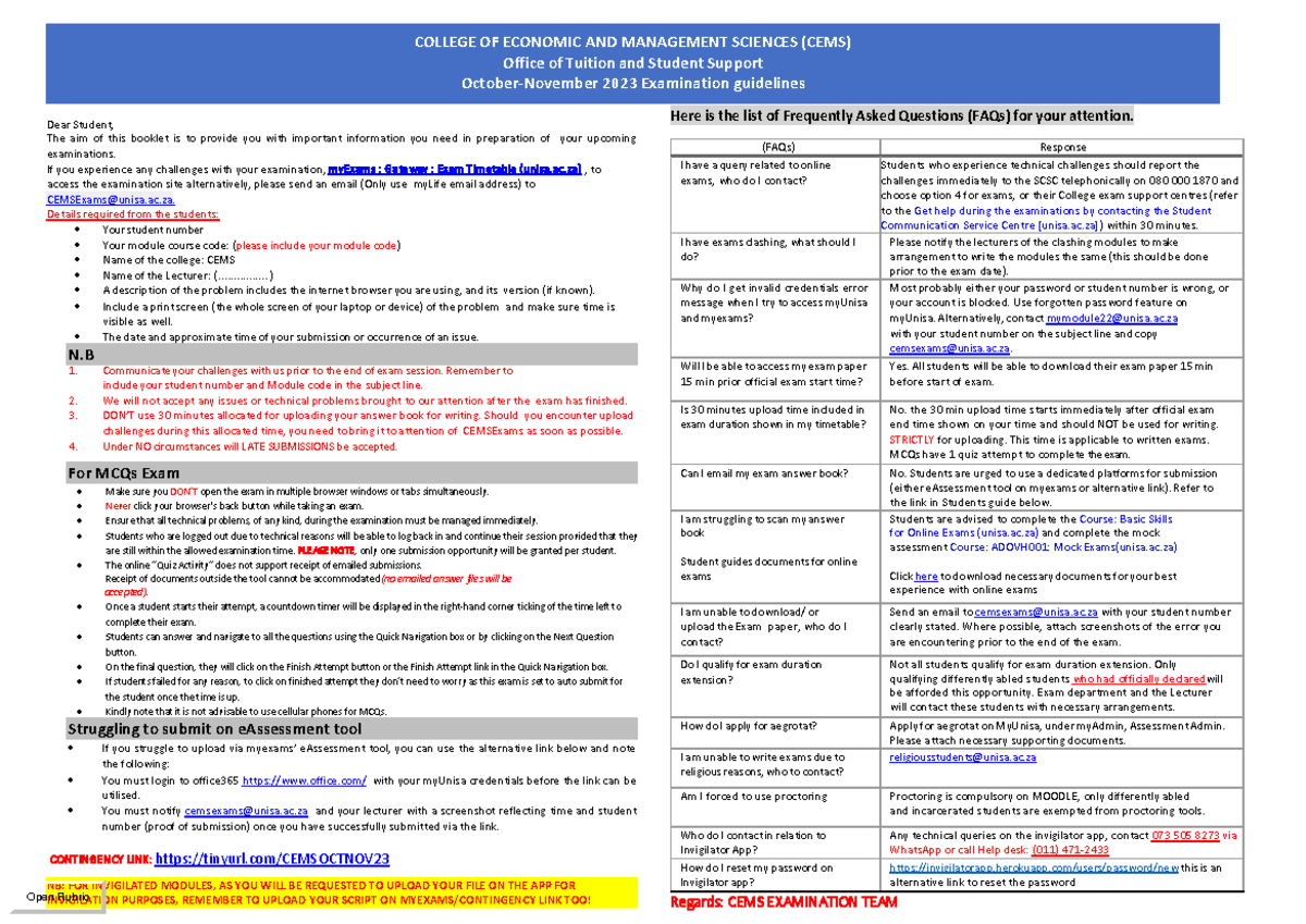 Exam booklet - COLLEGE OF ECONOMIC AND MANAGEMENT SCIENCES (CEMS ...