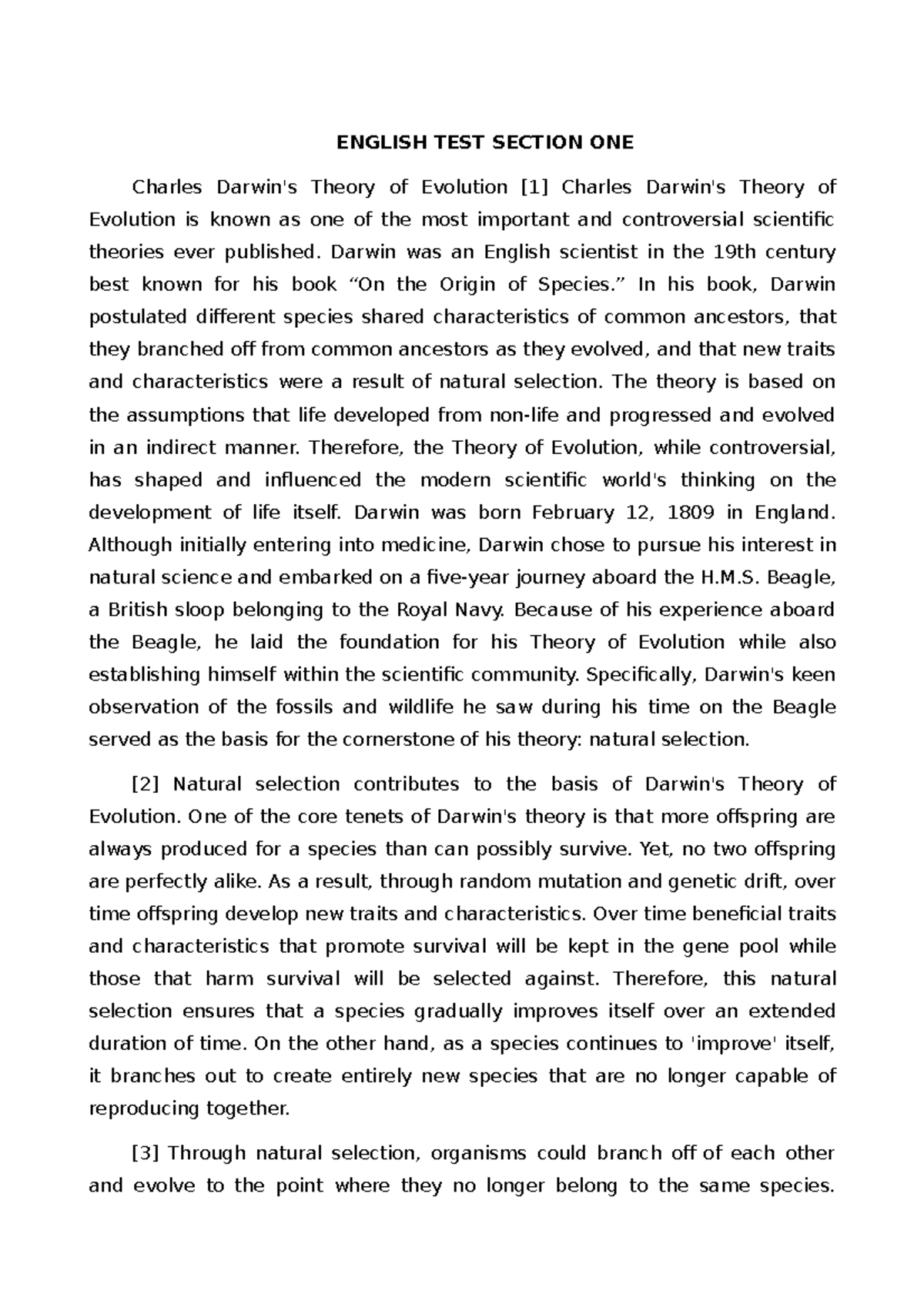 Enslish TEST 1 - ENGLISH TEST SECTION ONE Charles Darwin's Theory of ...