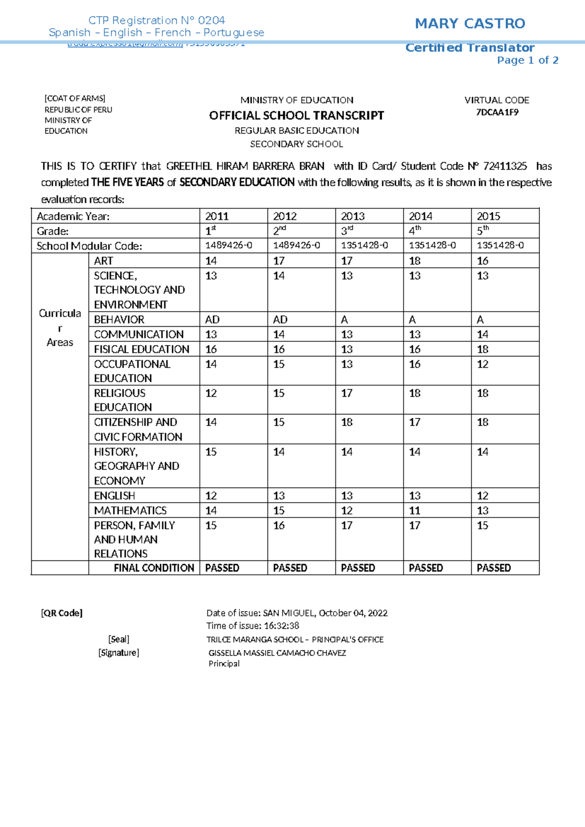 School Transcript-secondary.greethel hiram - CTP Registration N° 0204 ...