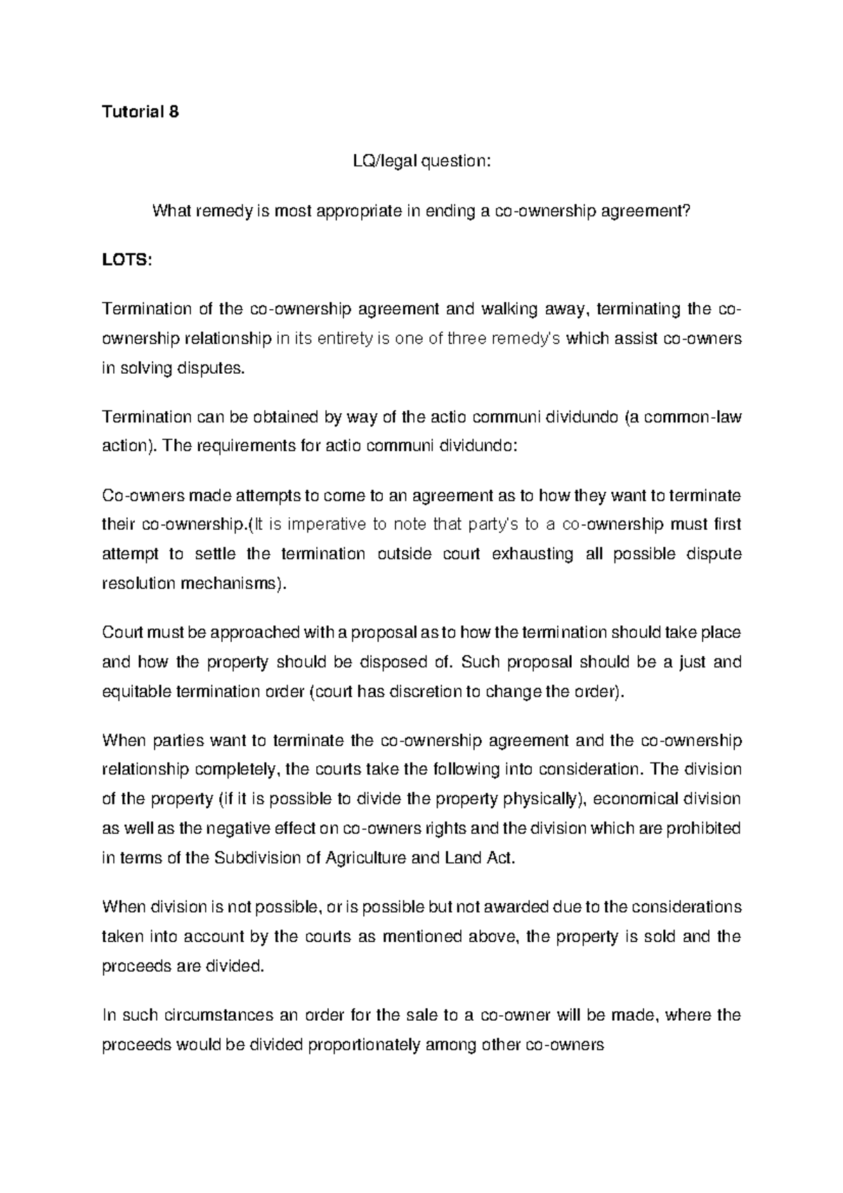 SAR tut 8 - Tut 8 - Tutorial 8 LQ/legal question: What remedy is most appropriate in ending a ...