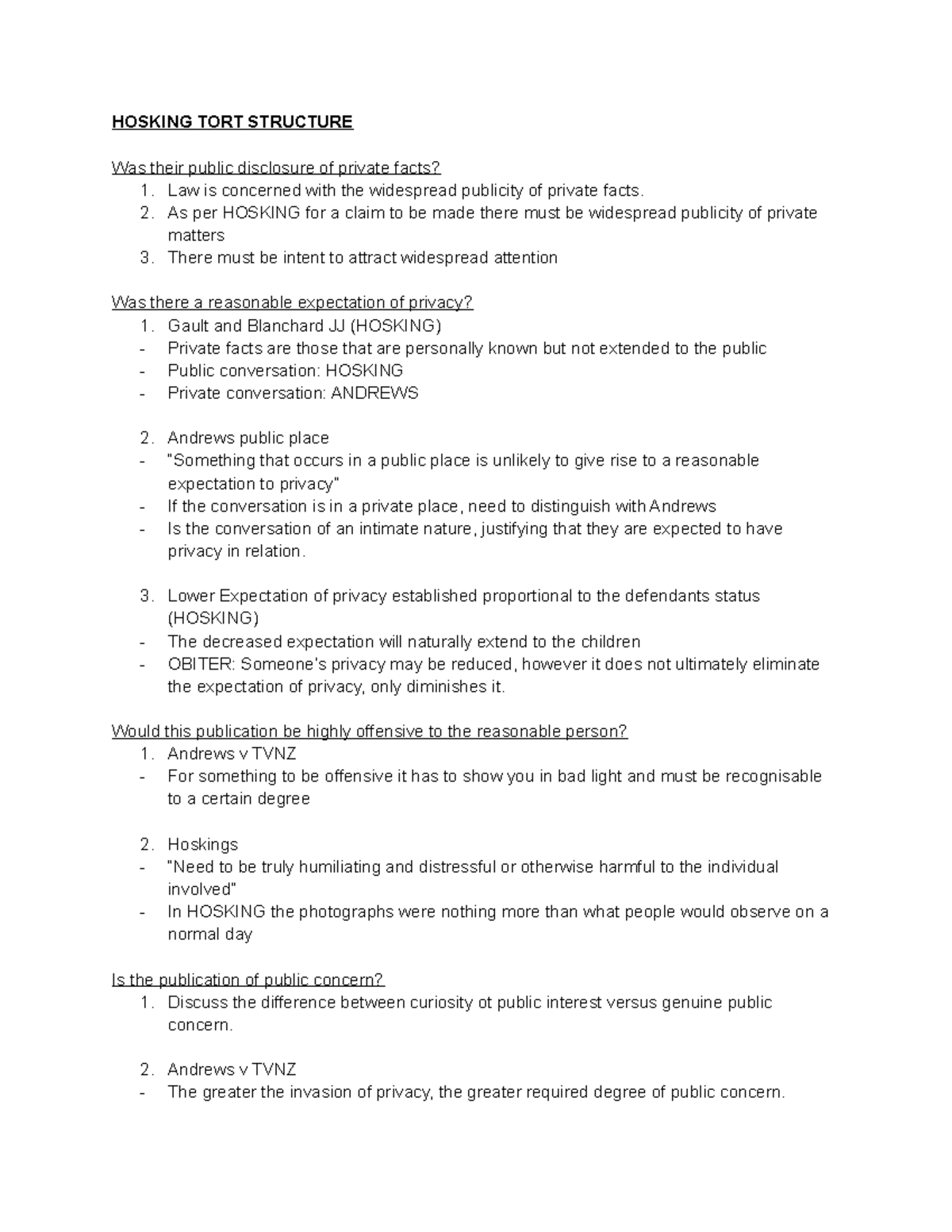 Case Analysis Framework - HOSKING TORT STRUCTURE Was their public ...