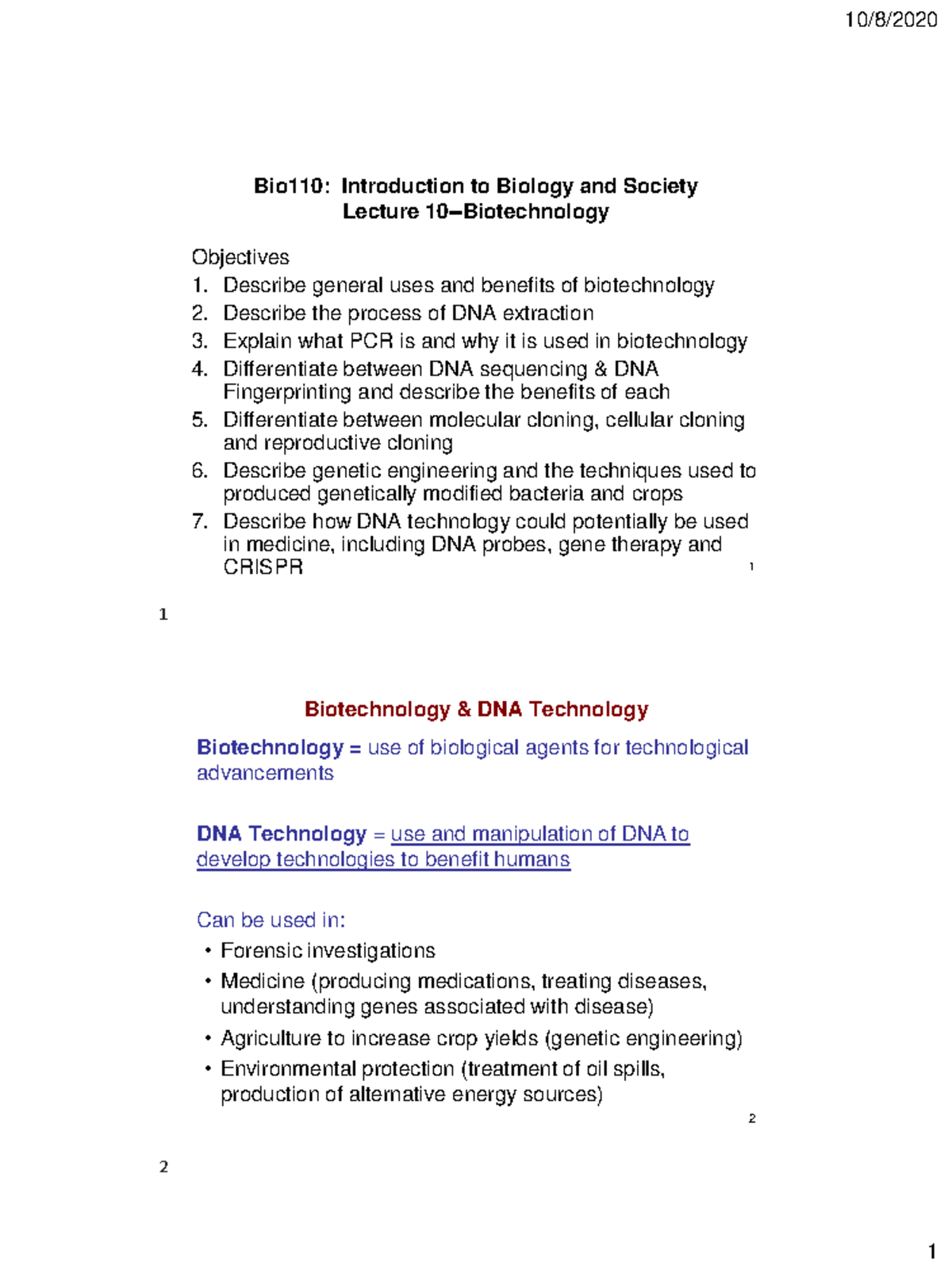 Lecture 10 DNA Technology Revised 2020(1) - Bio110: Introduction to ...