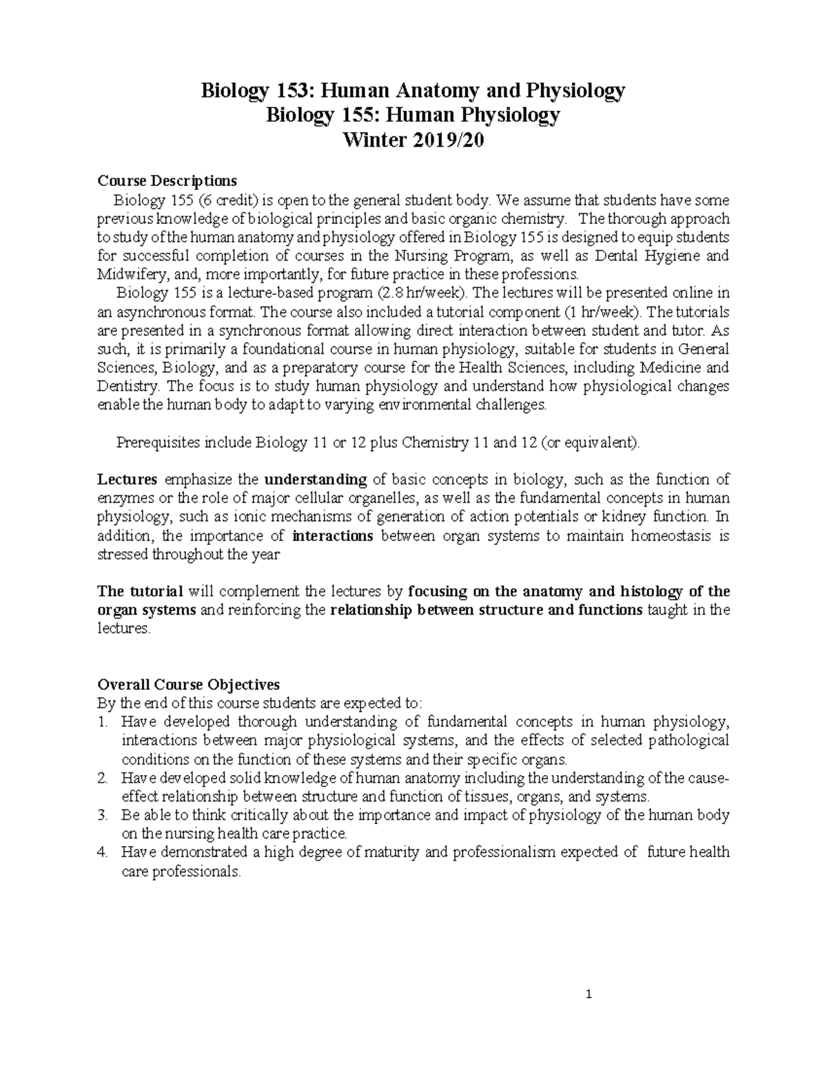 Biol 155 Syllabus - Biology 153: Human Anatomy and Physiology Biology ...