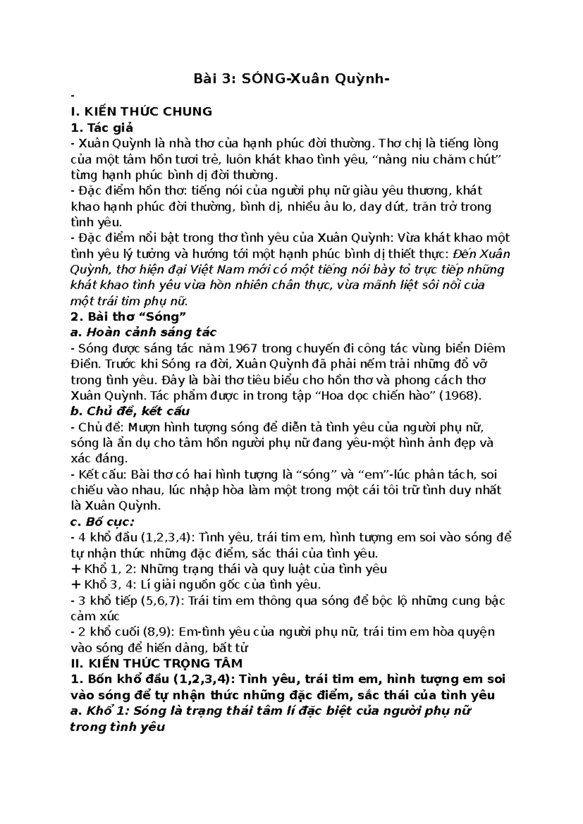 Sóng - song cua xuan quynh - Bài 3: SÓNG-Xuân Quỳnh- I. KIẾN THỨC CHUNG Tác giả Xuân Quỳnh là ...