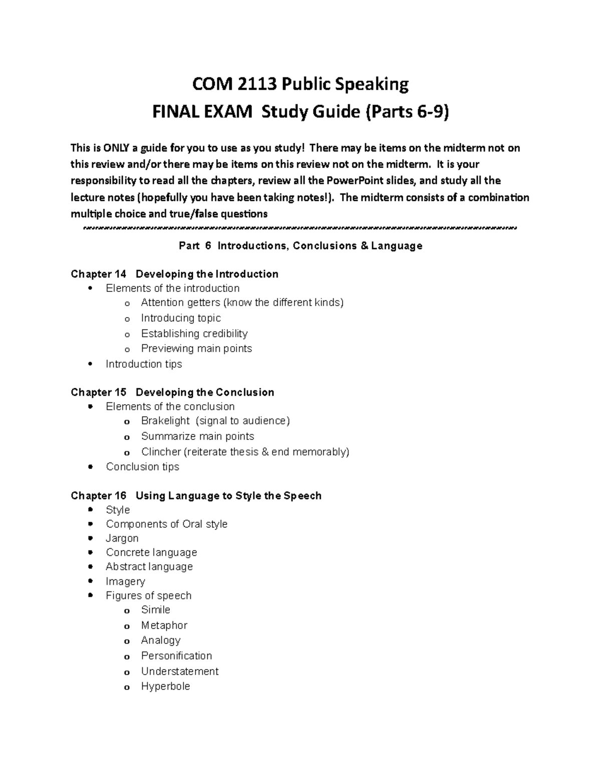 Speech final review - COM 2113 Public Speaking FINAL EXAM Study Guide ...