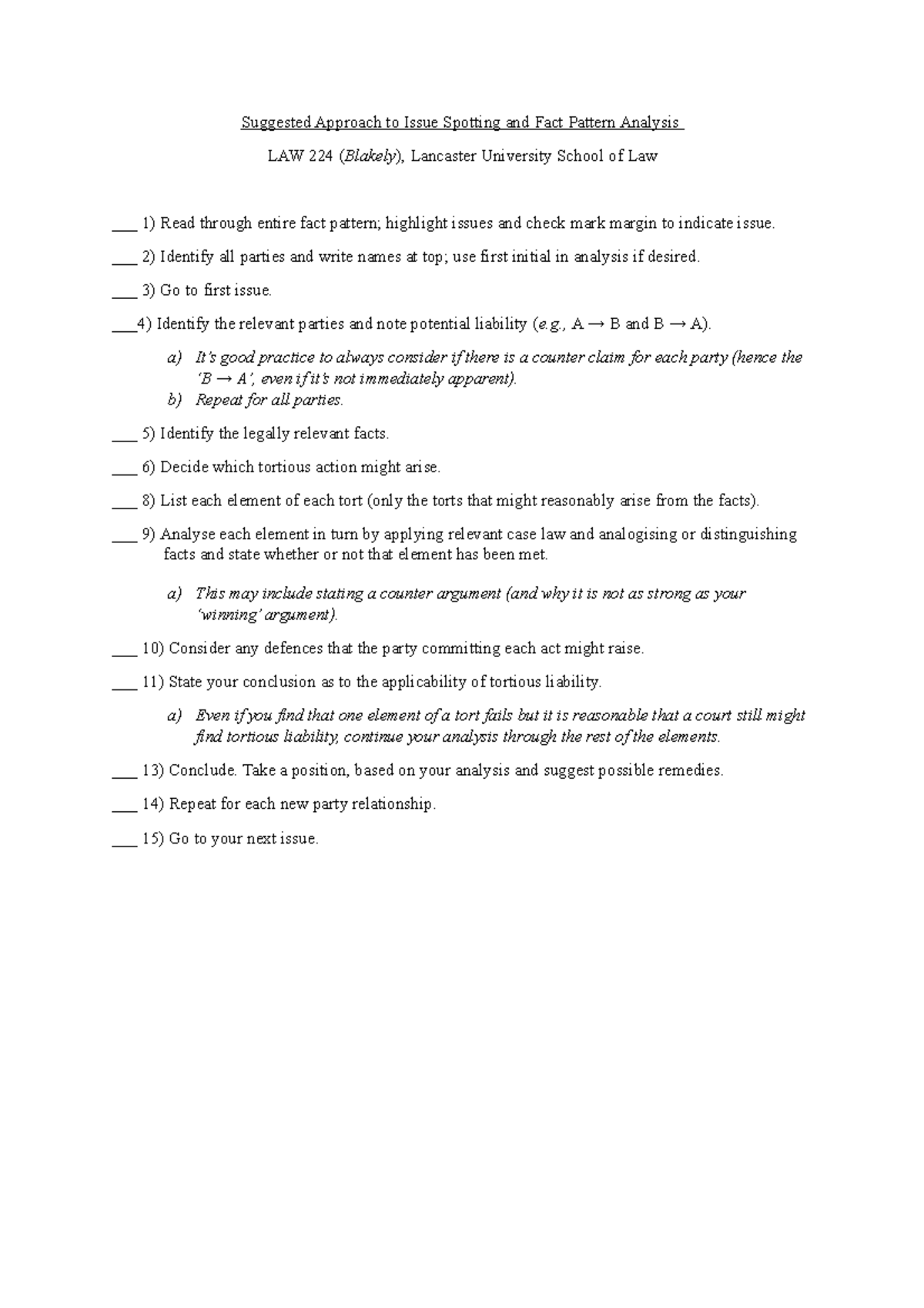 Issue Spotting and Fact Pattern Analysis - ___ 2) Identify all parties ...