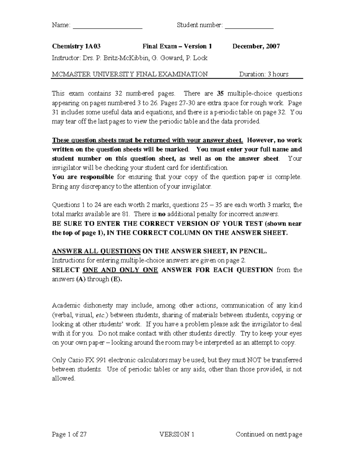 2007 - Testing 1hsagd, che bio, physics - Chemistry 1A03 Final Exam ...