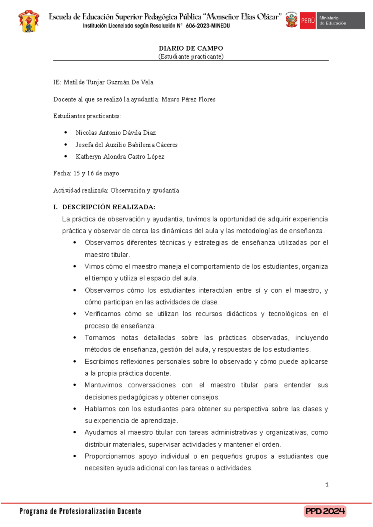 4. Diario de campo - estudiante practicante - DIARIO DE CAMPO ...