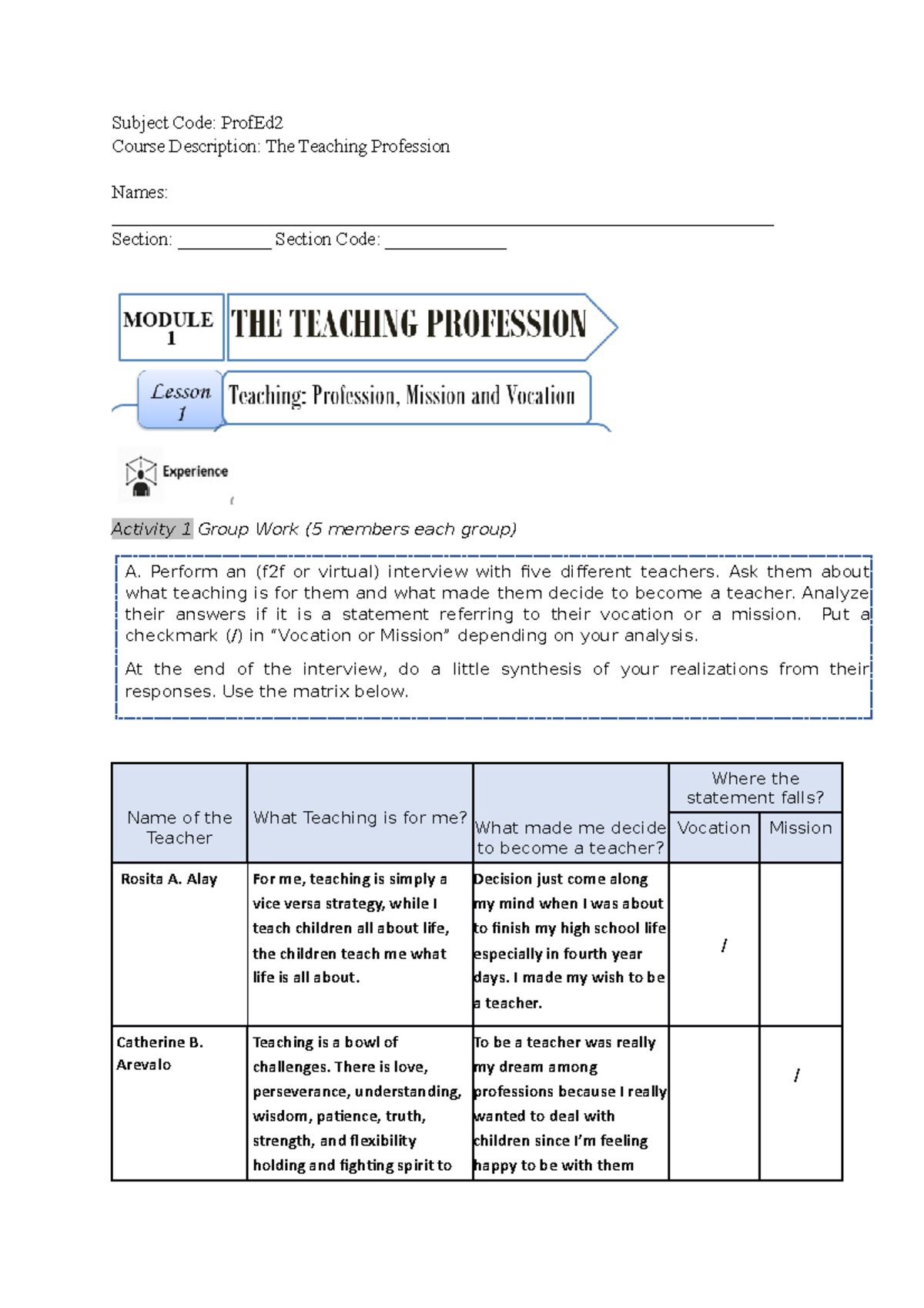 Prof Ed 2 Activity 1 - To help - Subject Code: ProfEd Course ...