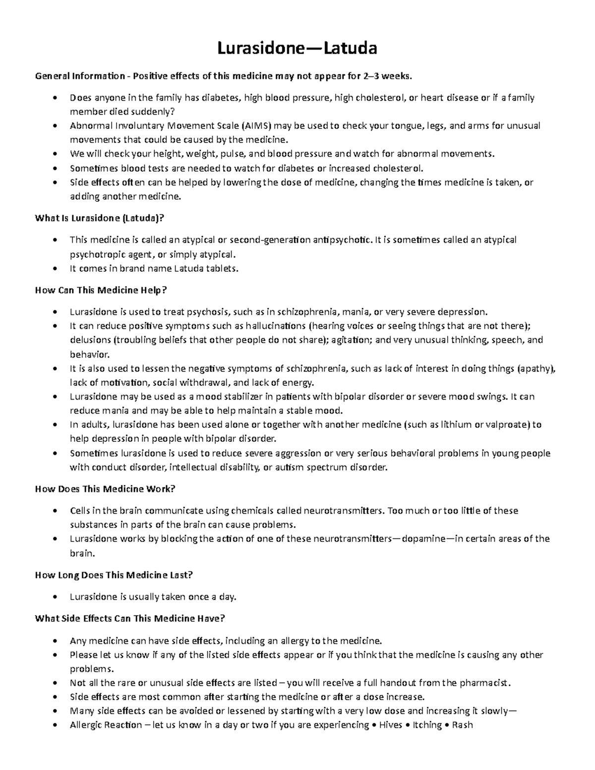 Lurasidone Patient Education - Lurasidone—Latuda General Information ...