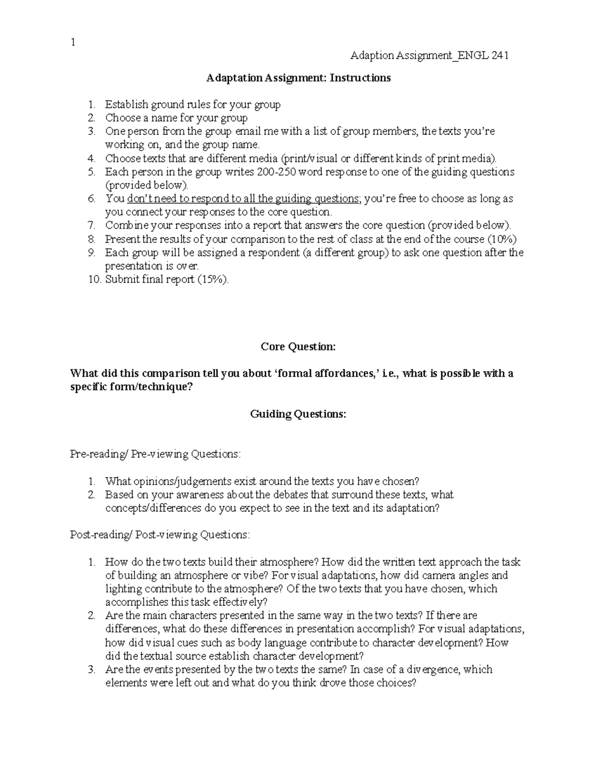 The Novel Adaptation Assignment - 1 Adaption Assignment_ENGL 241 ...