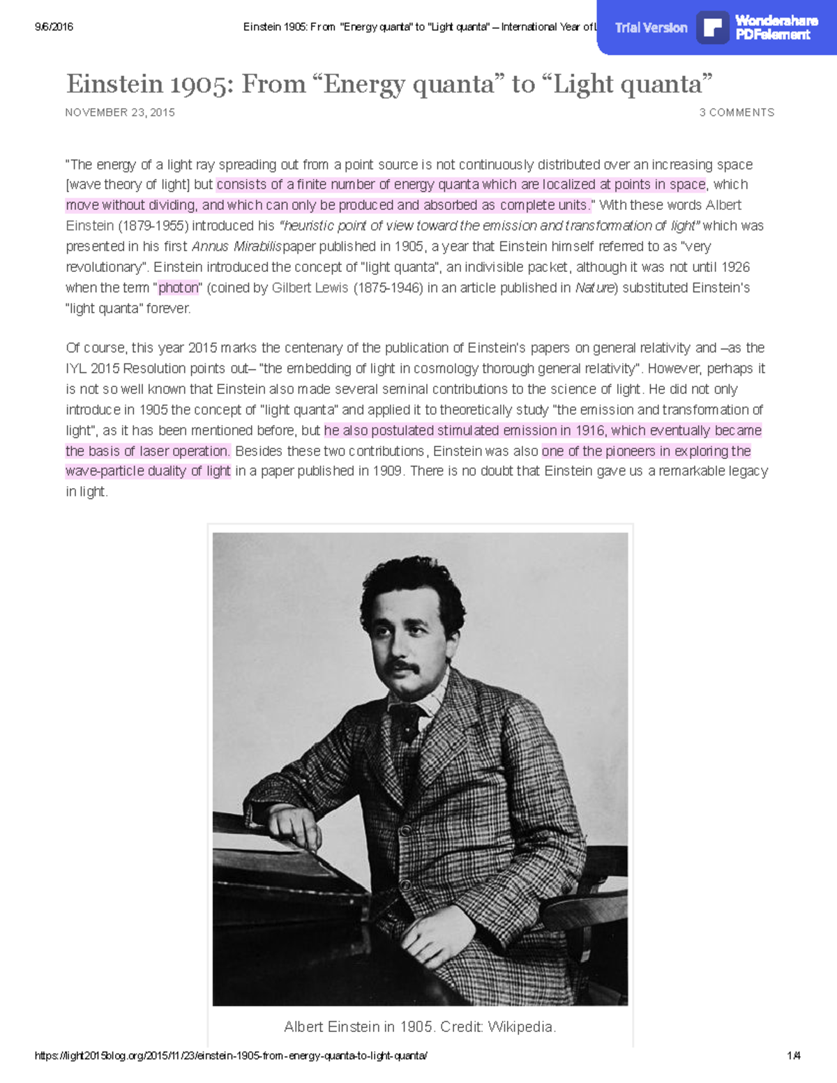 Einstein 1905 From “Energy quanta” to “Light quanta” - 3 COMMENTS ...