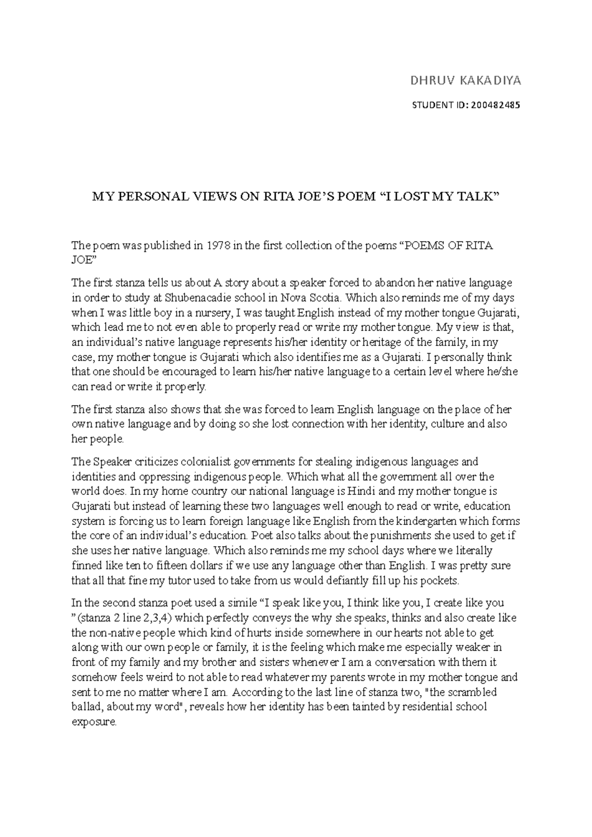 My personal views on rita joes poem i lost my talk 1870603 573073867 ...