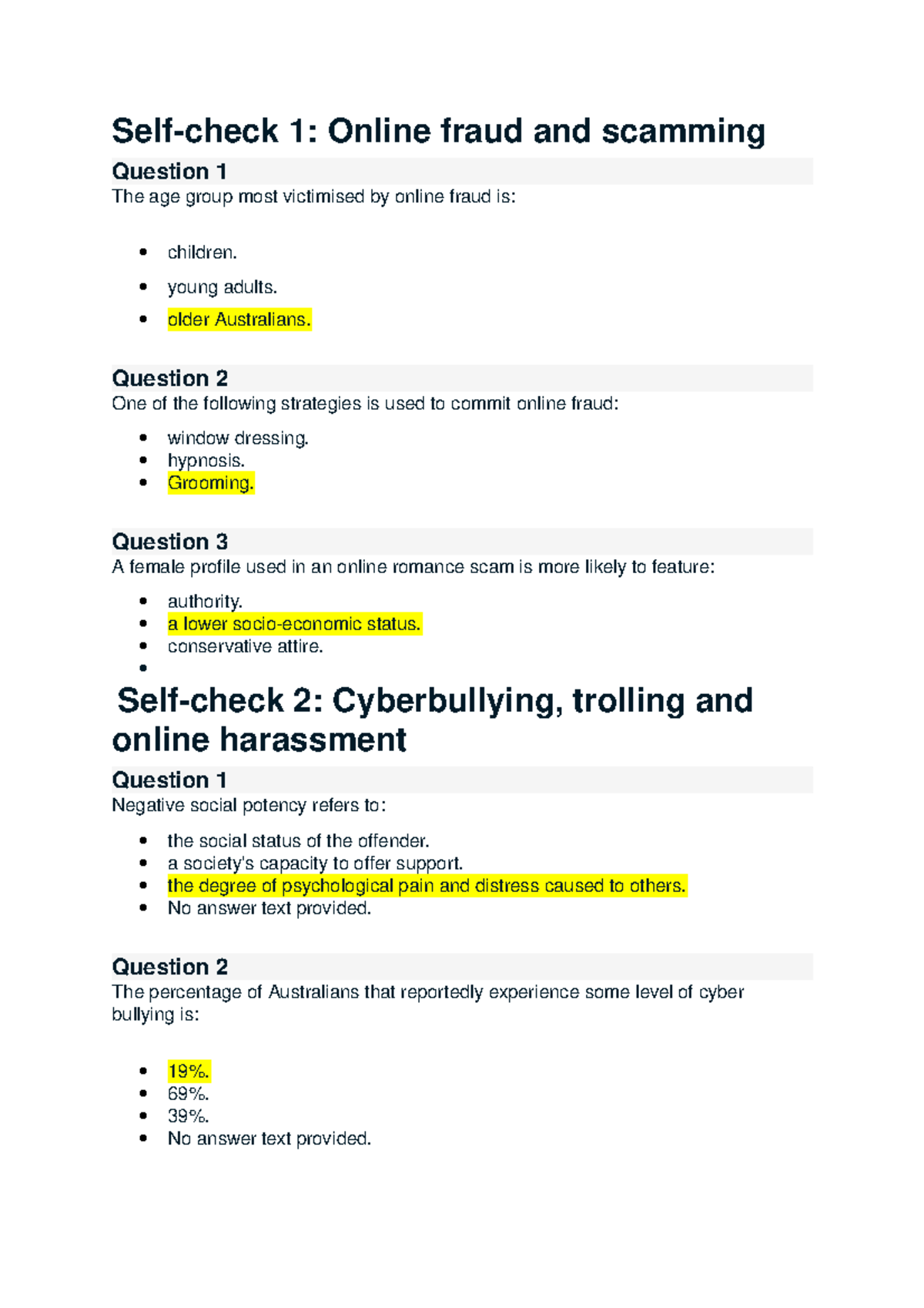 Weekly quizes Wk 1-5 - Self-check 1: Online fraud and scamming Question ...