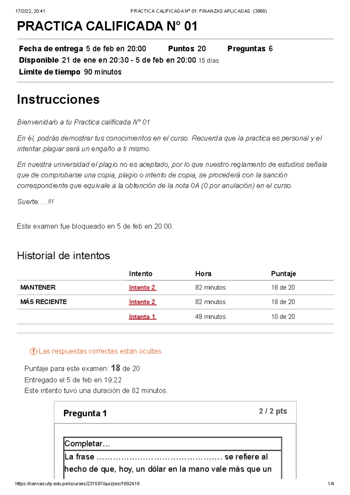 Practica Calificada N° 01 Finanzas Aplicadas (3968) - PRACTICA CALIFICADA N° 01 Fecha de entrega ...