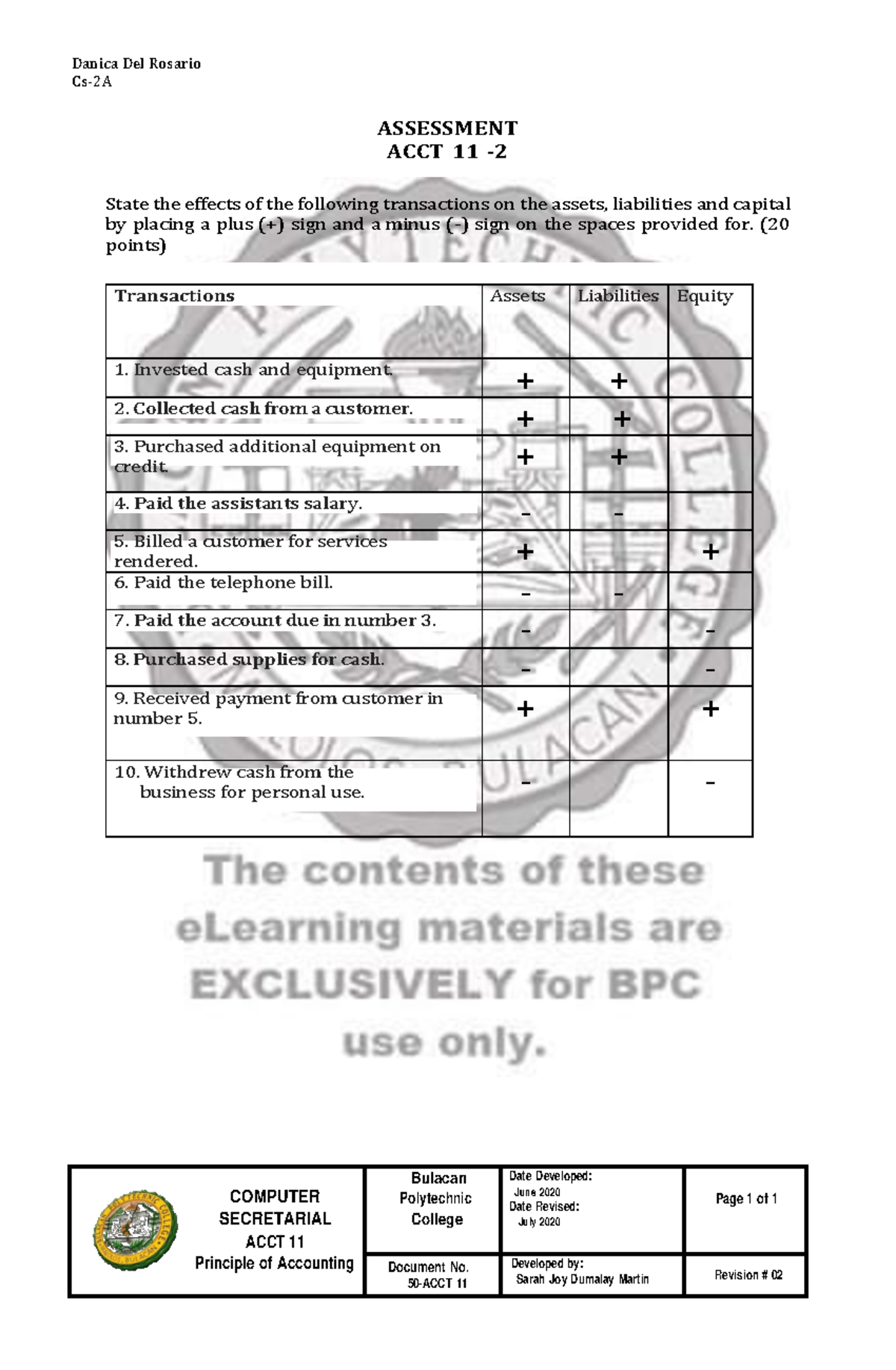 ASANA MAKATULONG - Danica Del Rosario Cs-2A ASSESSMENT ACCT 11 - State the effects of the - Studocu