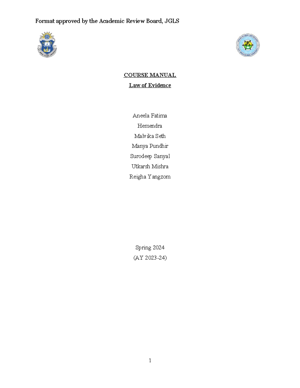 Evidence Course manual - COURSE MANUAL Law of Evidence Aneela Fatima ...
