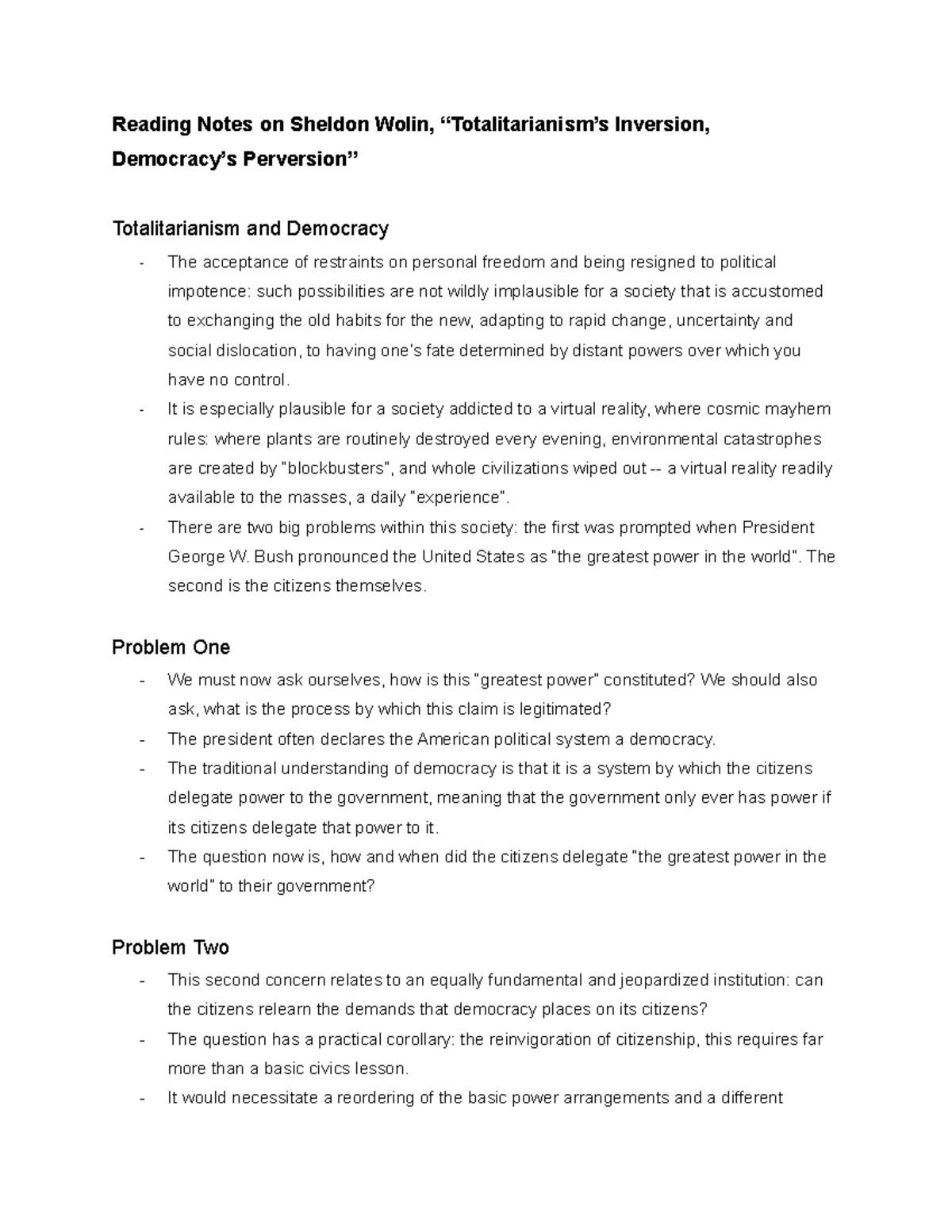 PHL 310 Wolin Notes - Reading Notes on Sheldon Wolin, “Totalitarianism ...