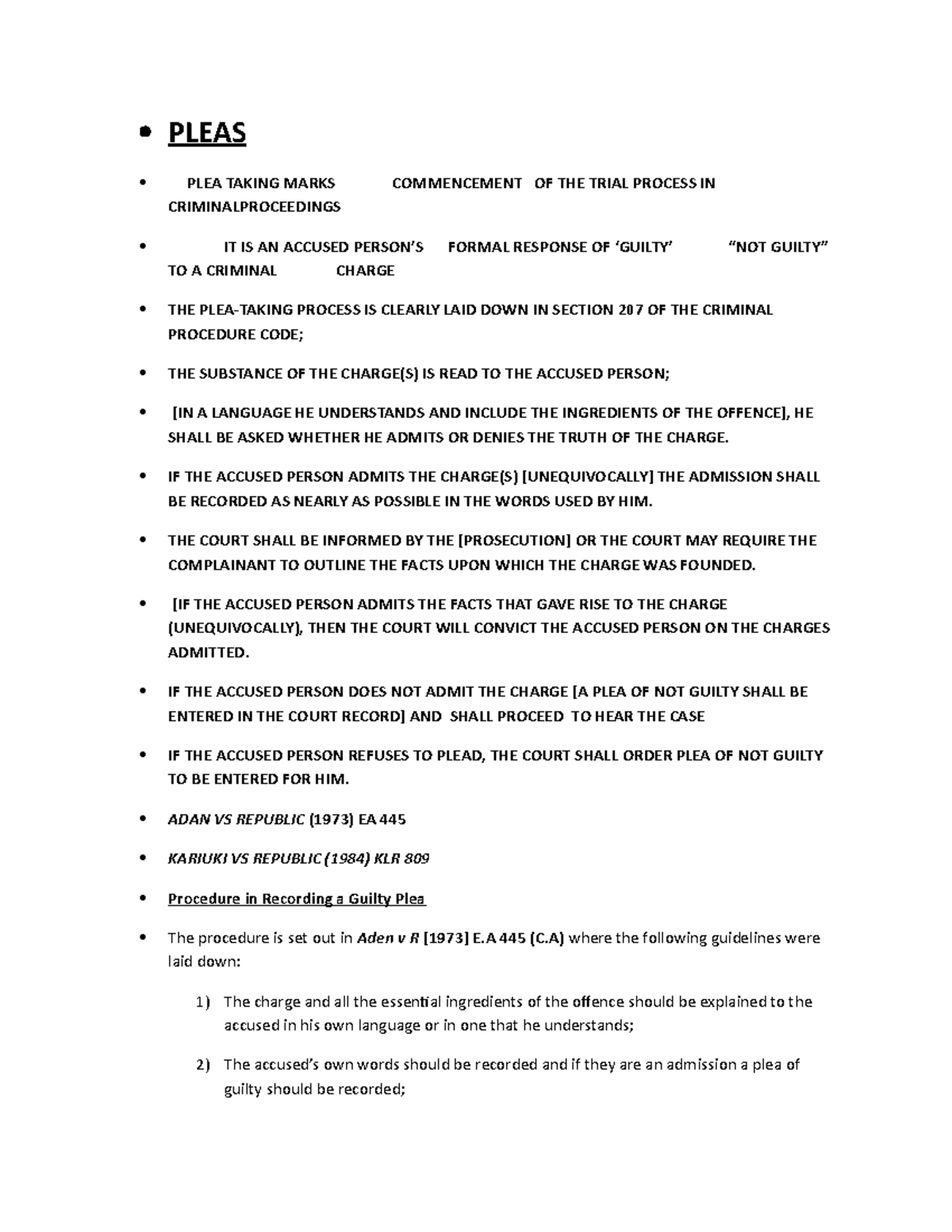 LAW- Pleas PLEAS PLEA TAKING MARKS COMMENCEMENT OF THE TRIAL PROCESS IN ...