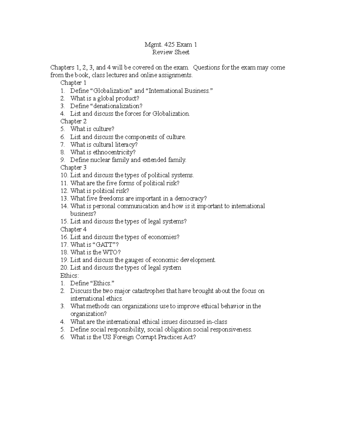 MGMT 425 Exam 1 Study Guide - Mgmt. 425 Exam 1 Review Sheet Chapters 1 ...