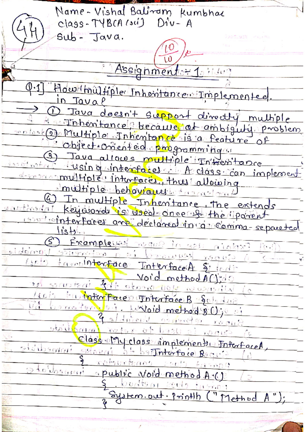 Asg-1 Java(044 Vishalk) - Name Vishal Baliram Kumbhal SII class TYBCA(sci) A Sub Java. 10 e 10 ...