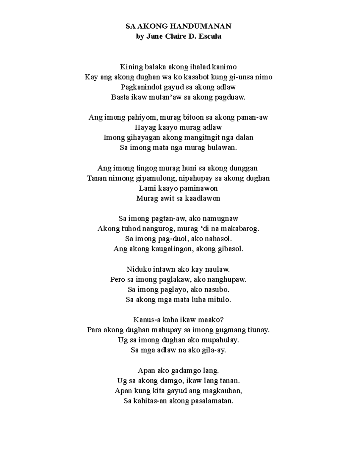 Balak Piece - SA AKONG HANDUMANAN by Jane Claire D. Escala Kining ...