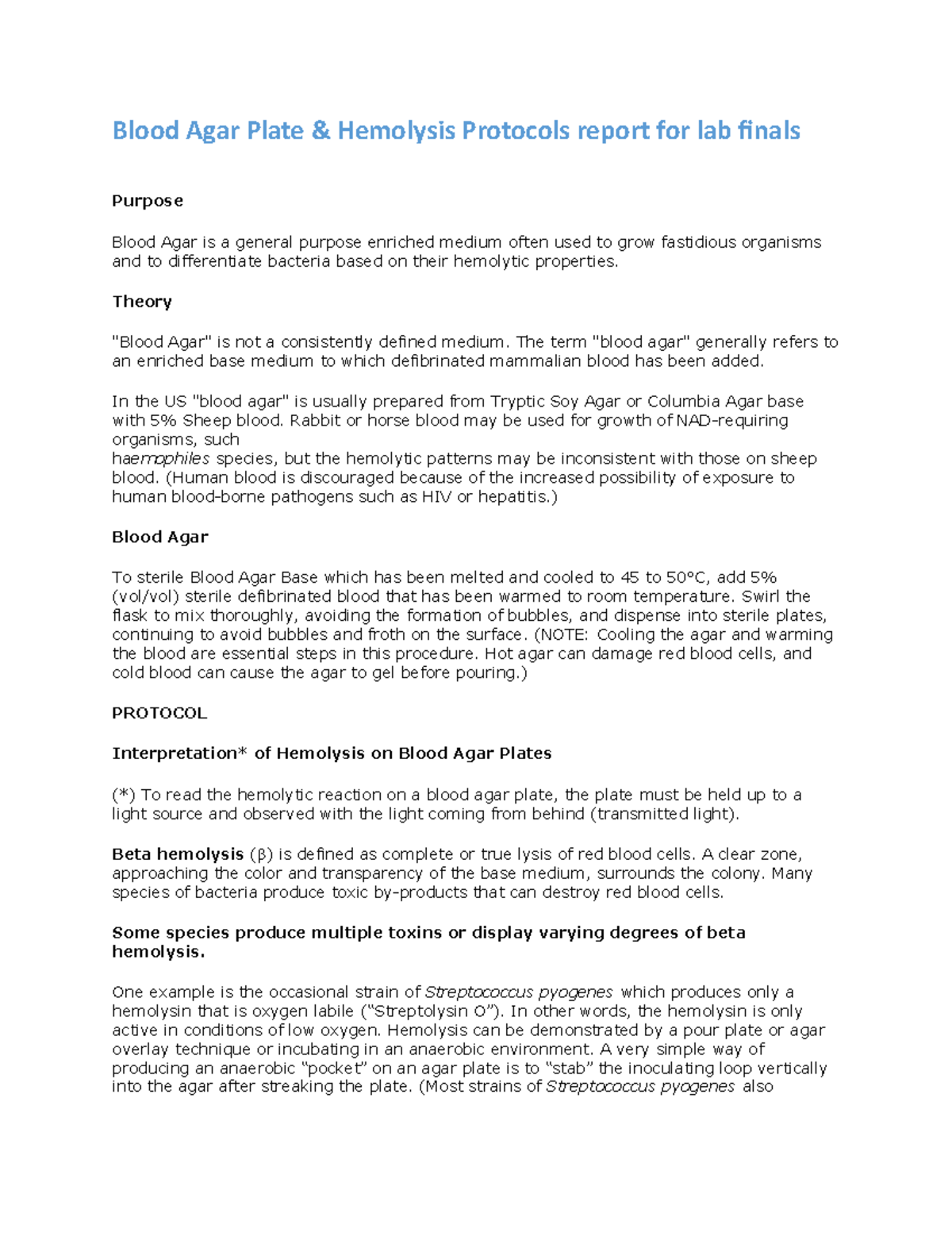 Document 2 - Lab reports - Blood Agar Plate & Hemolysis Protocols ...