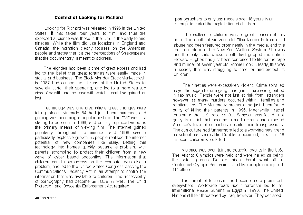 Context of Looking for Richard - Top Notes - Context of Looking for ...