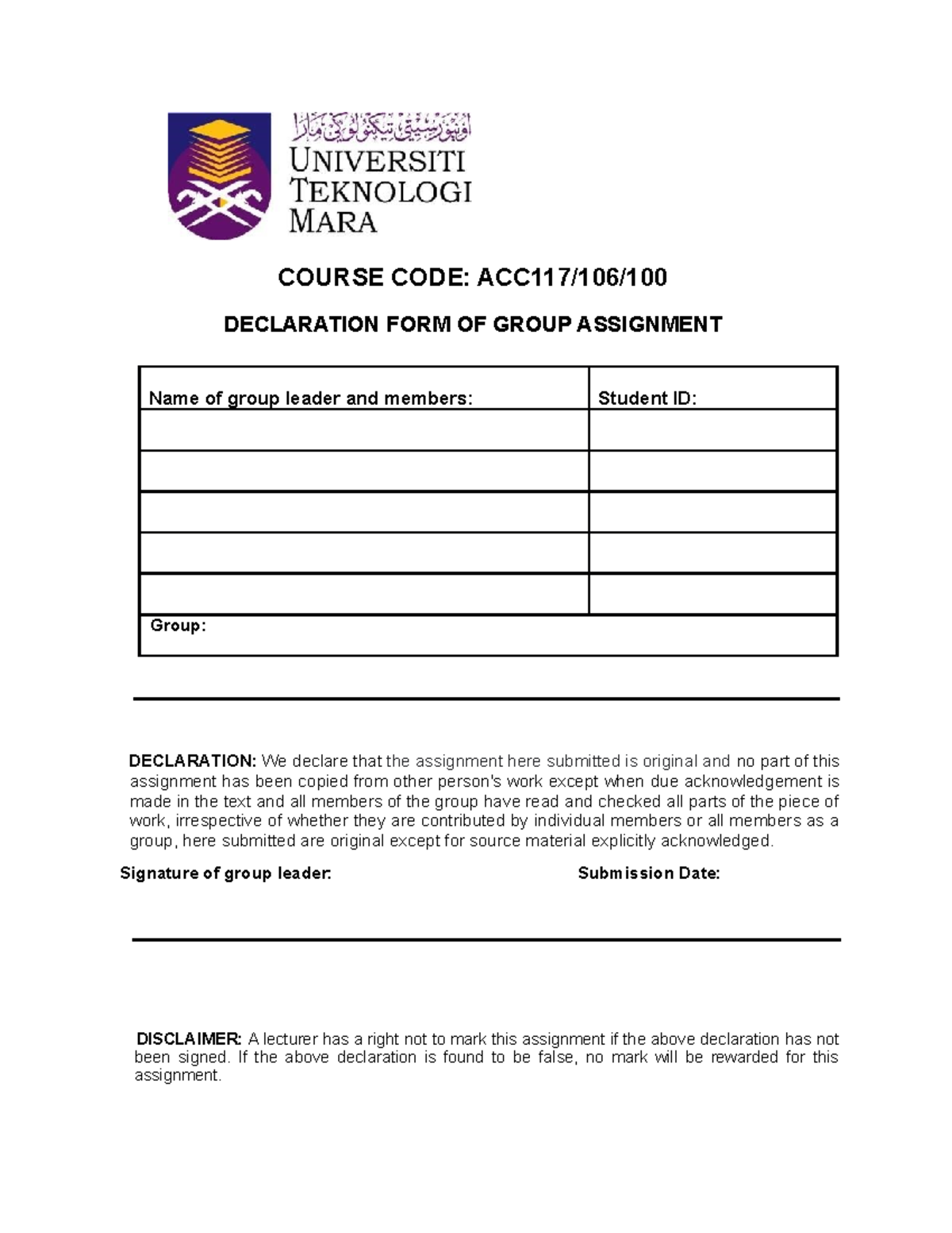 ACC Project 2 - COURSE CODE: ACC117/106/ DECLARATION FORM OF GROUP ...