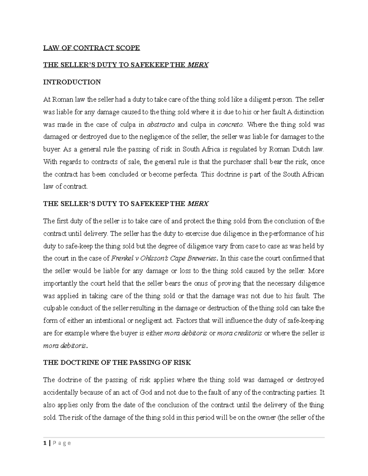 LAW OF Contract Scope - Grade: A - LAW OF CONTRACT SCOPE THE SELLER’S ...