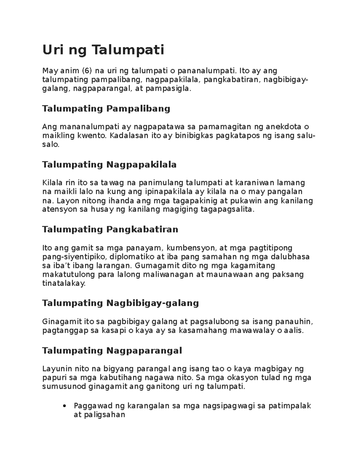 Uri ng Talumpati - Lecture notes 1 academic yr pandemic - Uri ng ...