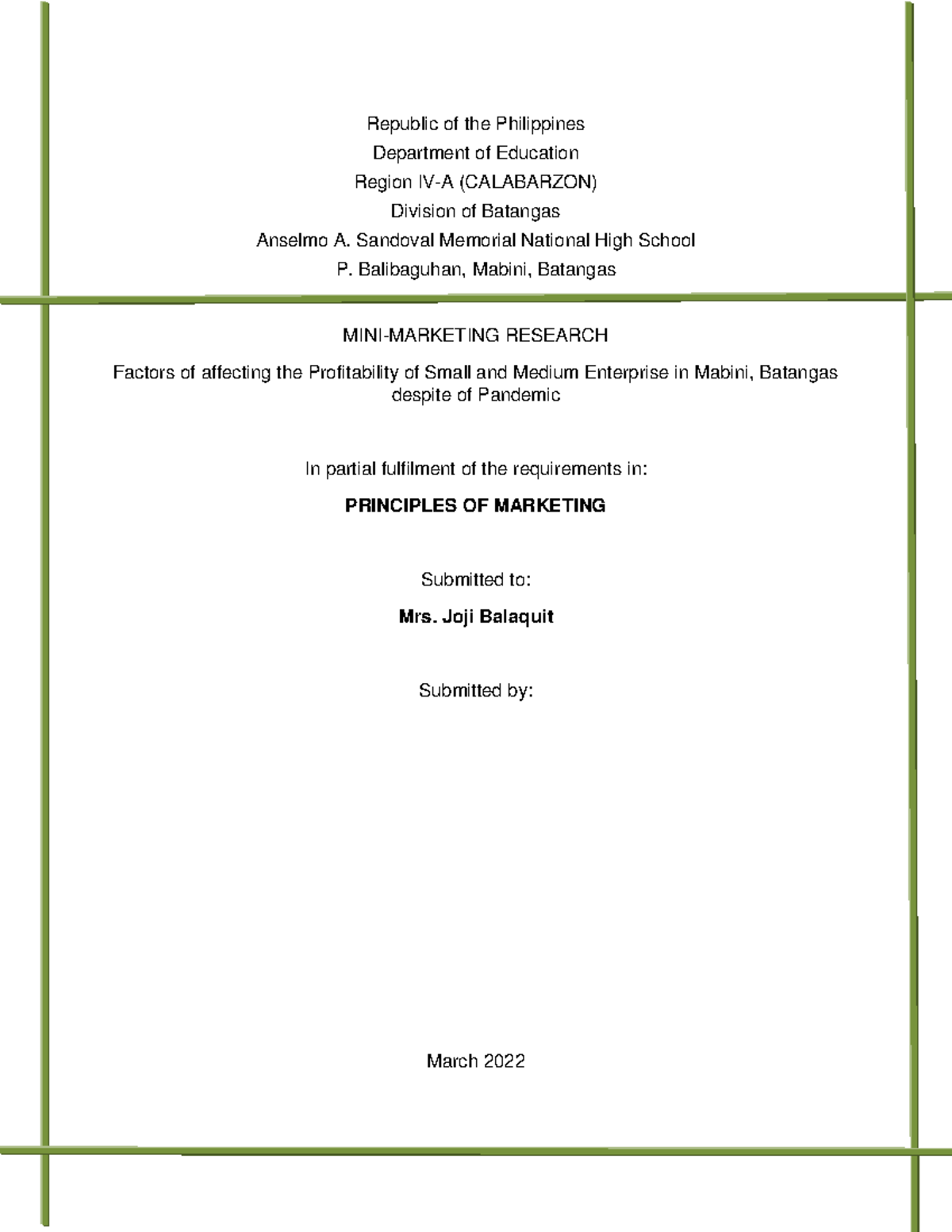 MINI- Marketing- Research- Template - BS Accountancy - BatStateU - Studocu