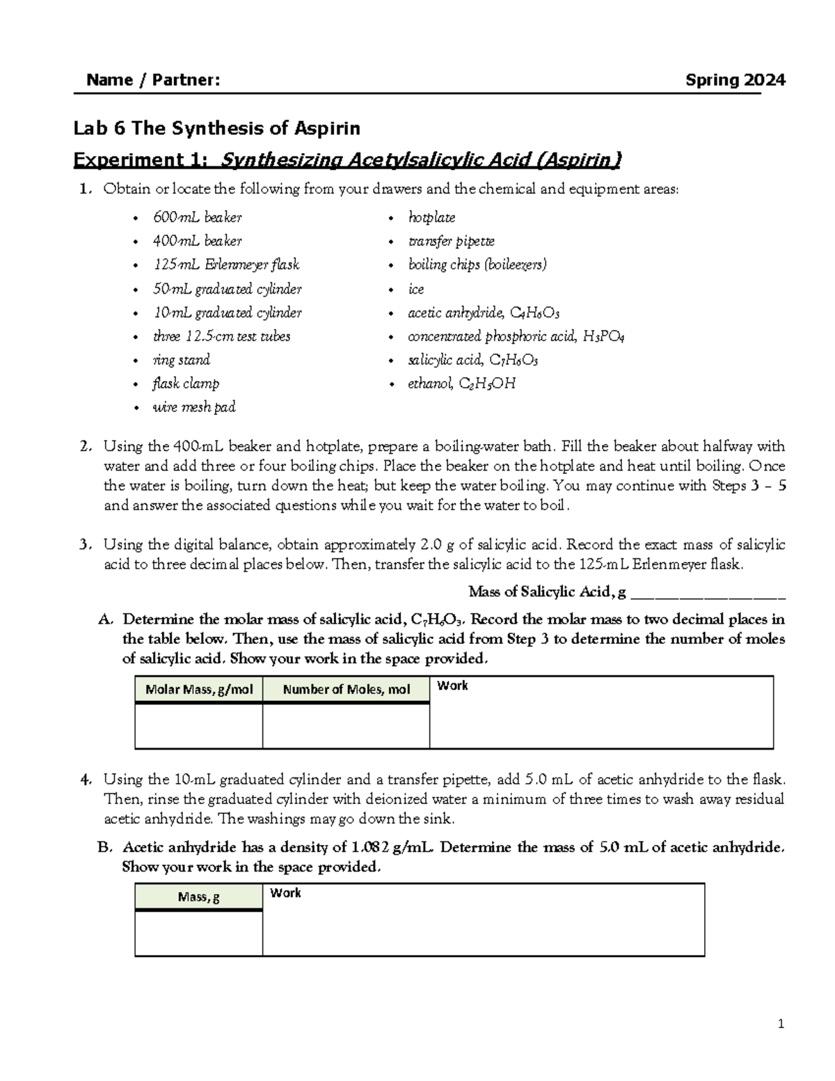 Lab06-aspirin-24 - lab 6 - Name / Partner: Spring 2024 Lab 6 The ...