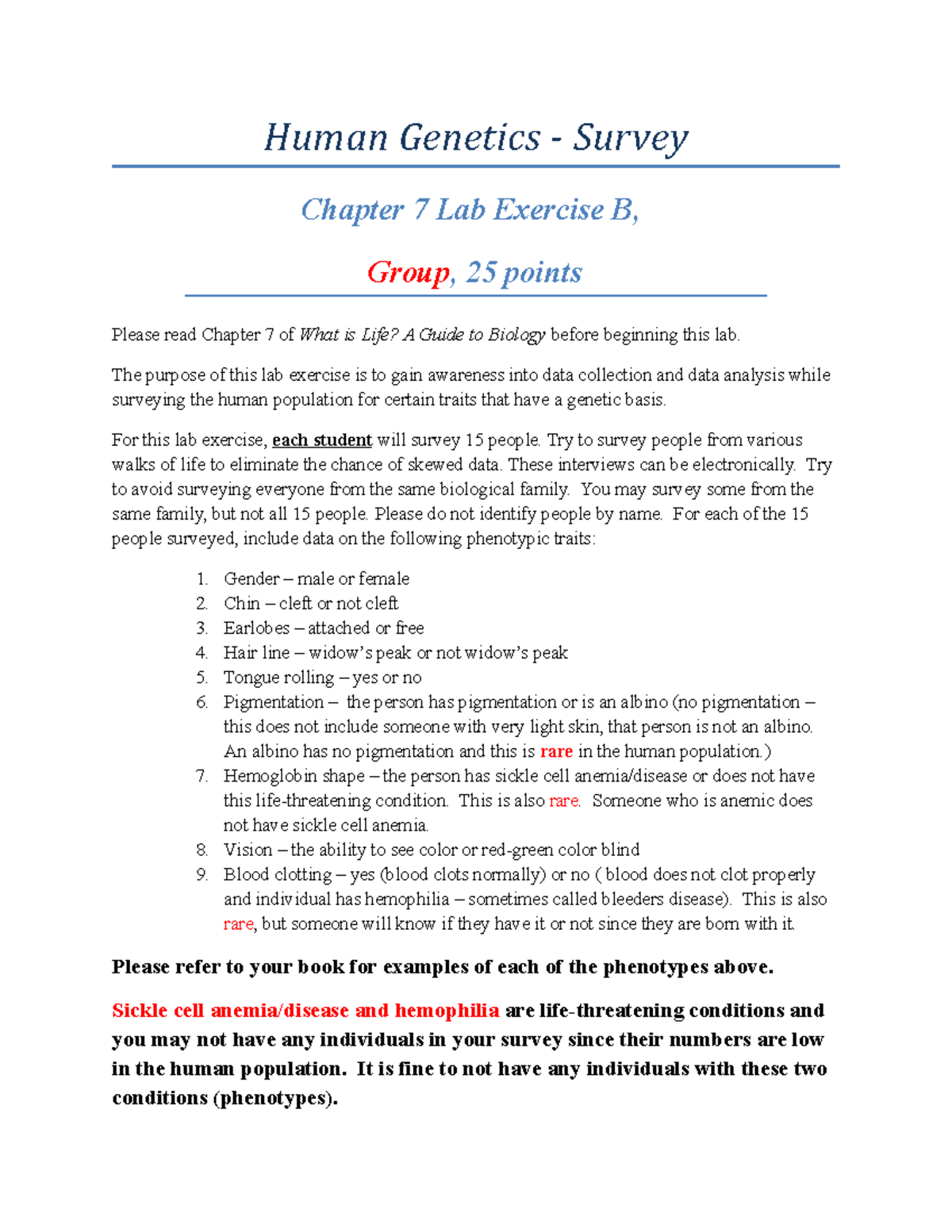 Chapter 7 - Human Genetics - B - Human Genetics - Survey Chapter 7 Lab ...