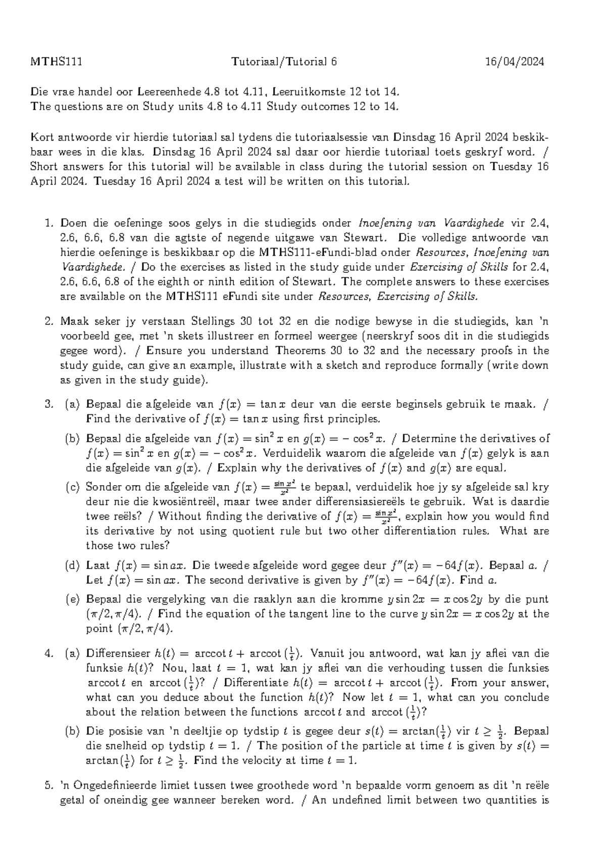 MTHS111 tutorial 6 2024 - MTHS111 Tutoriaal/Tutorial 6 16/04/ Die vrae ...