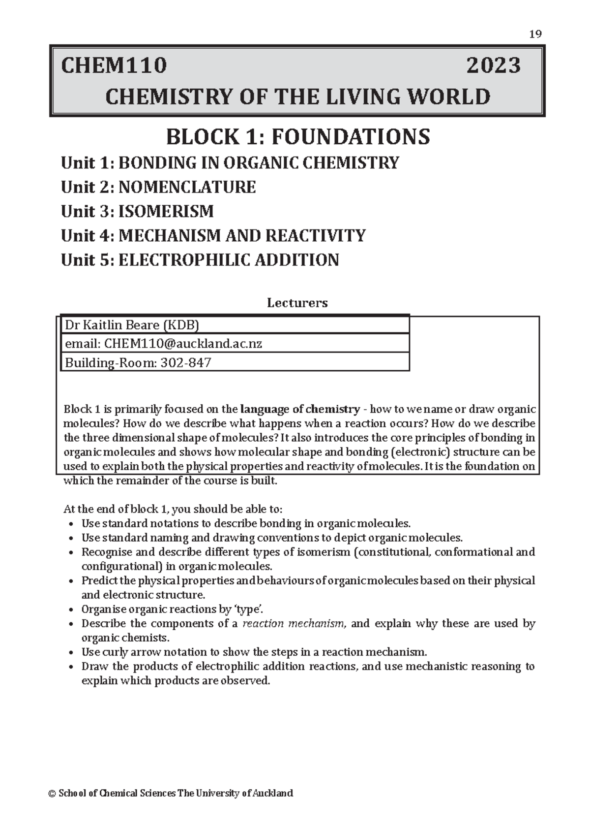 Block 1 - CHEM110 2023 CHEMISTRY OF THE LIVING WORLD BLOCK 1 ...