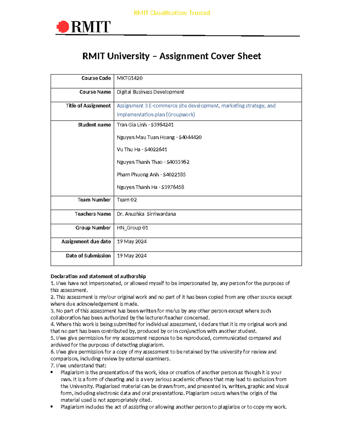 MKTG1205 Assignment Cover Sheet - RMIT Classification: Trusted RMIT ...