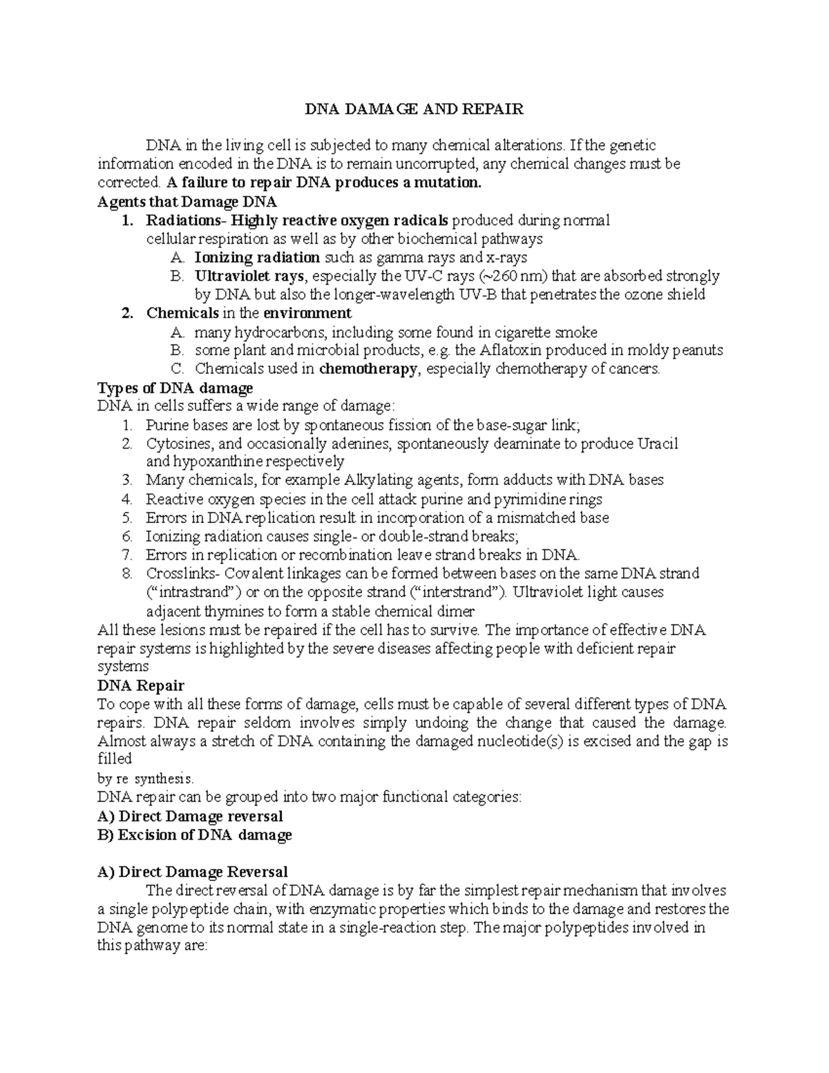 DNA Damage and Repair - Lecture notes 1-3 - DNA DAMAGE AND REPAIR DNA ...