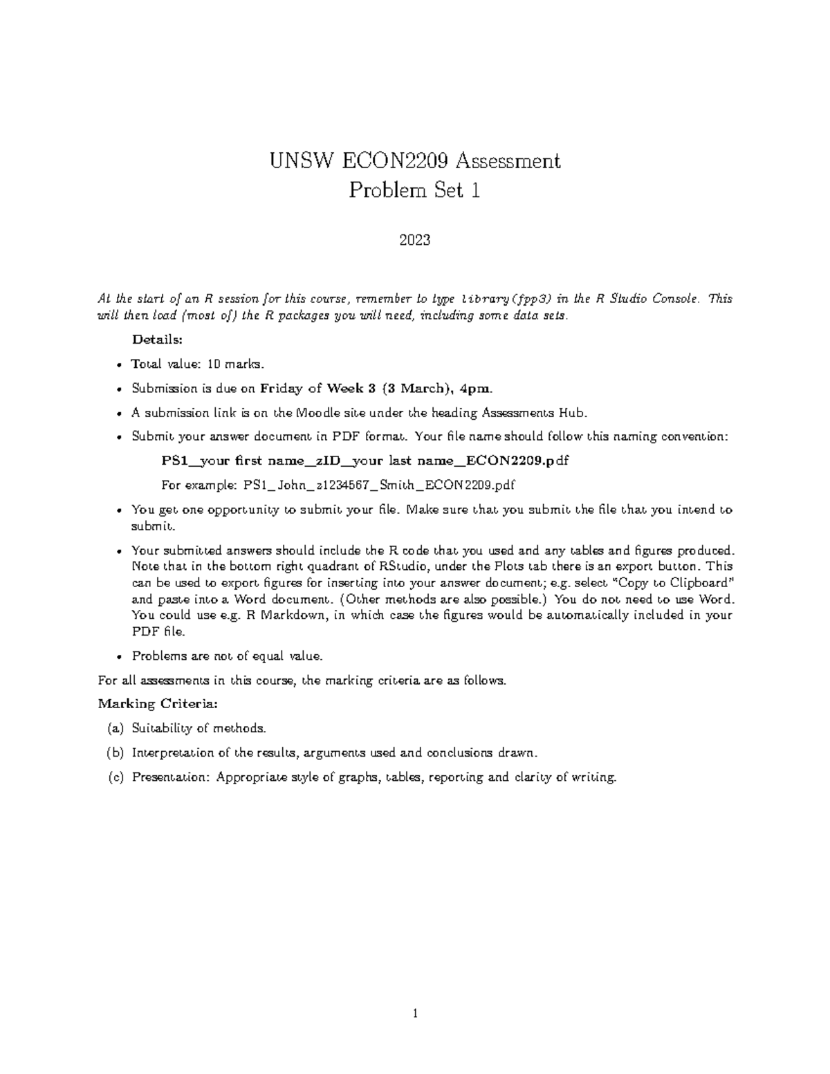 Problem Set 1 - UNSW ECON2209 Assessment Problem Set 1 2023 At the ...