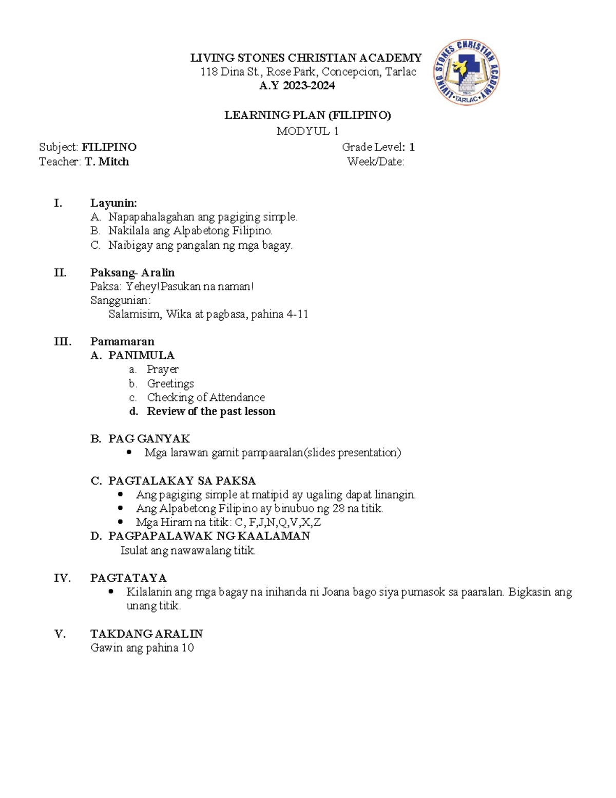 Filipino-lesson plan in grade 1 - 118 Dina St., Rose Park, Concepcion ...