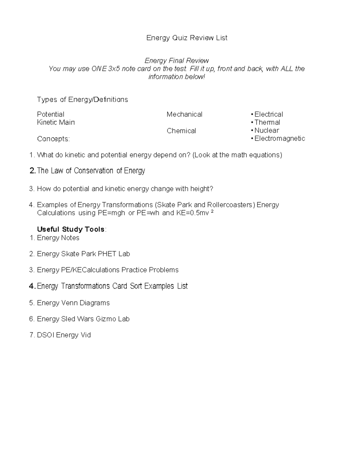 Energy Final Review Sheet - Energy Quiz Review List Energy Final Review ...