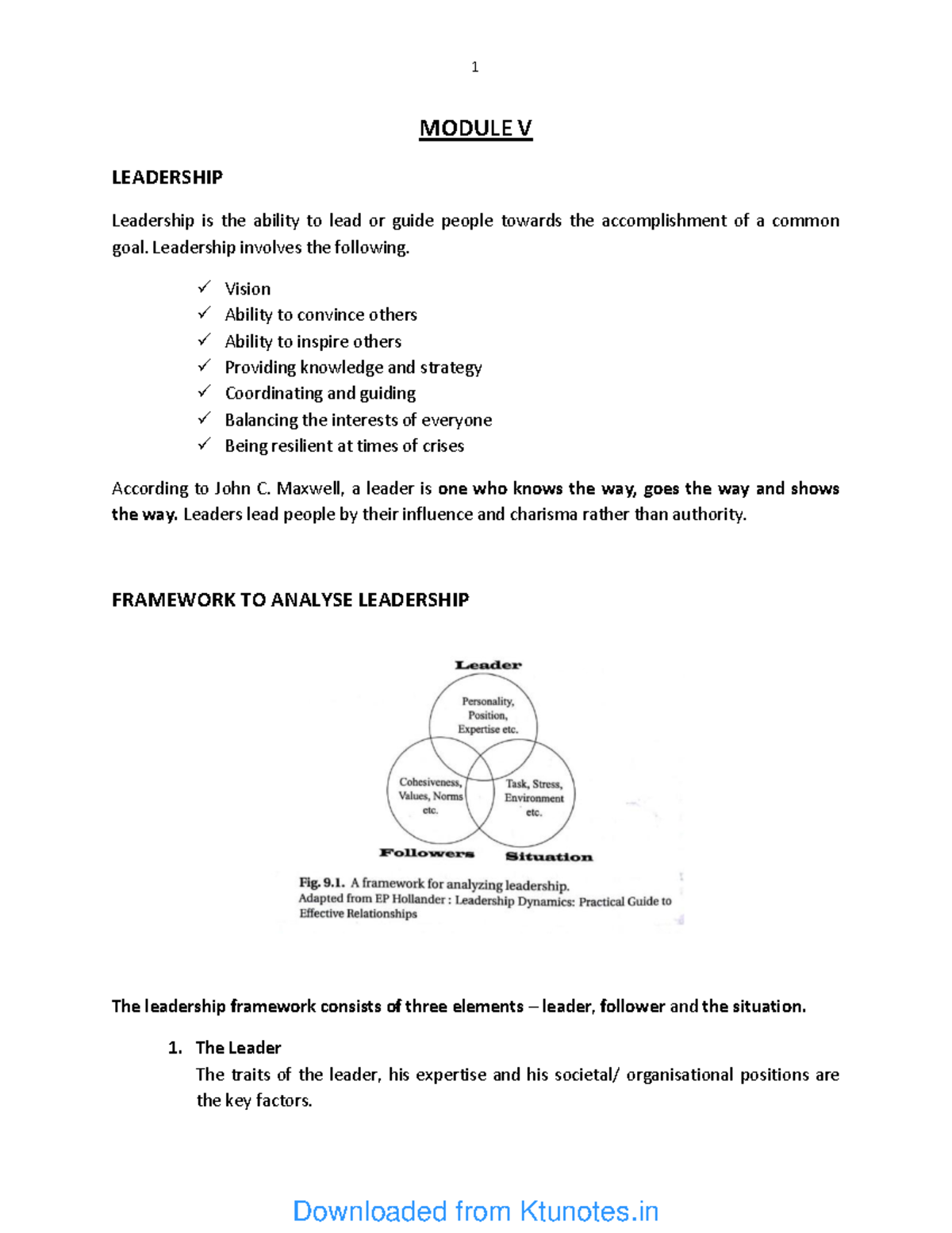 Life skill Module 5 - MODULE V LEADERSHIP Leadership is the ability to lead or guide people ...