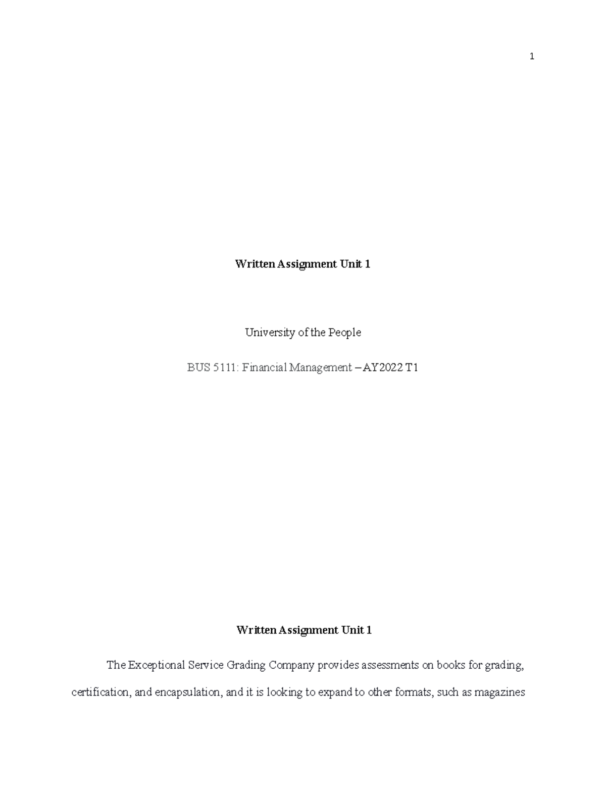 Written Assignment 1 - This is financial management course - Written ...
