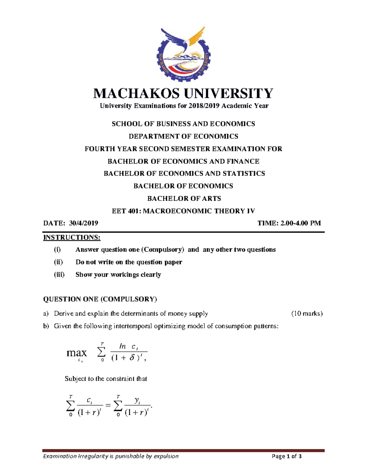 EET 401 Regular EXAM 1 - Examination Irregularity is punishable by expulsion Page 1 of 3 ...