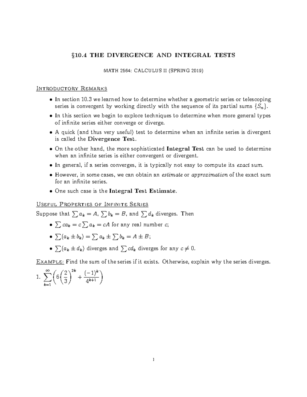 10 - MAth - §10 THE DIVERGENCE AND INTEGRAL TESTS MATH 2564: CALCULUS ...
