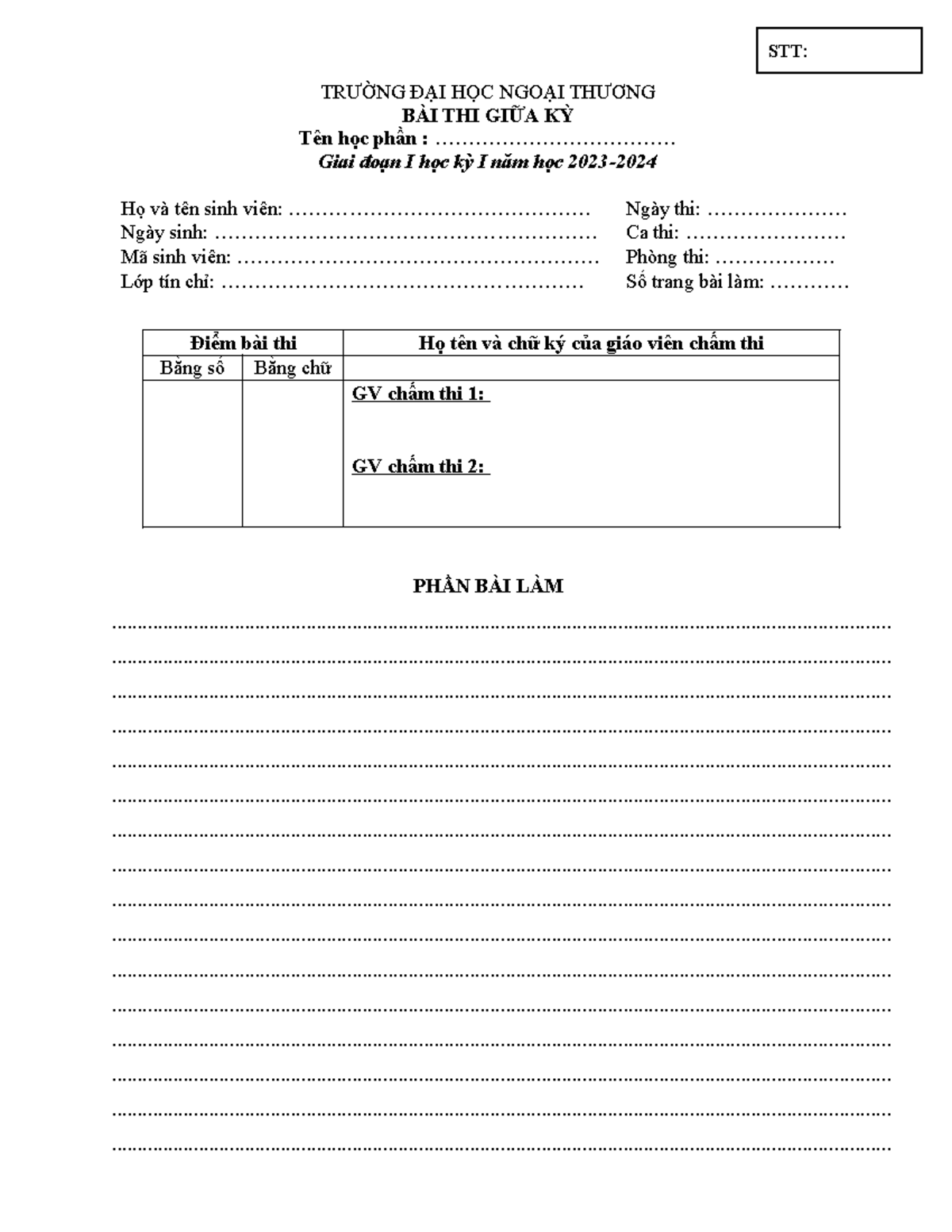 MẪU GIẤY KIỂM TRA - TRƯỜNG ĐẠI HỌC NGOẠI THƯƠNG BÀI THI GIỮA KỲ Tên học ...
