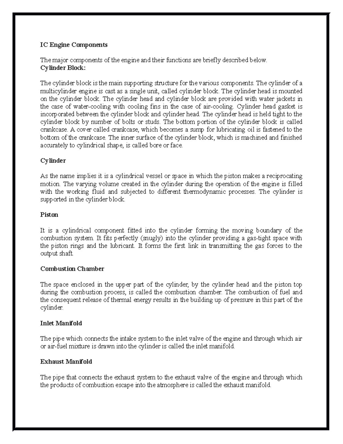 Session-5 - Lecture notes 5 - IC Engine Components The major components ...