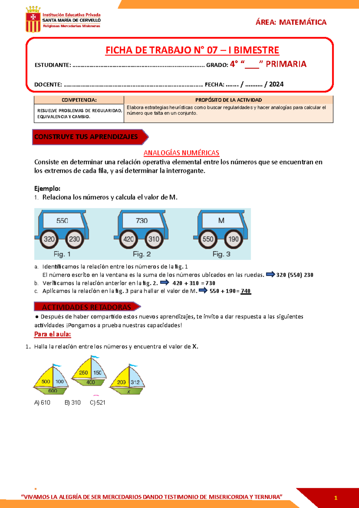 Ficha DE Trabajo N 07 Analogias Numericas - ÁREA: MATEMÁTICA “VIVAMOS ...